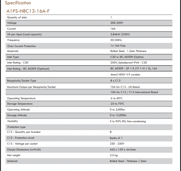 A1PS-H8C13-16A-F 1 PHASE SMART PDU SERIES 8 C13 Outlets / 16A / FUSE C20 inlet (IEC-60309 option ...